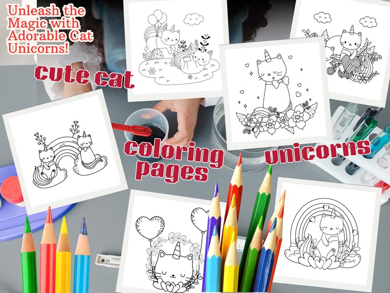 Unicorn Cat Coloring Pages for Kids, Kittycorn Coloring Book, Cute ...