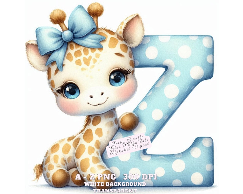Animal Alphabet PNG, Baby Giraffe Blue Polka Dot Alphabet Clipart A-Z ...