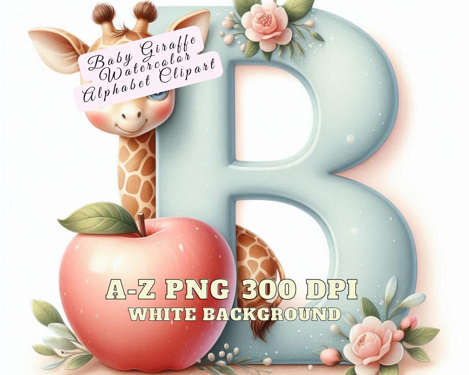 Animal Giraffe Alphabet Clipart, Baby Giraffe Watercolor Alphabet ...
