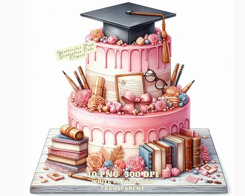 Watercolor Pink Graduation Cake Clipart PNG, Class of 2025, Elegant Cap ...
