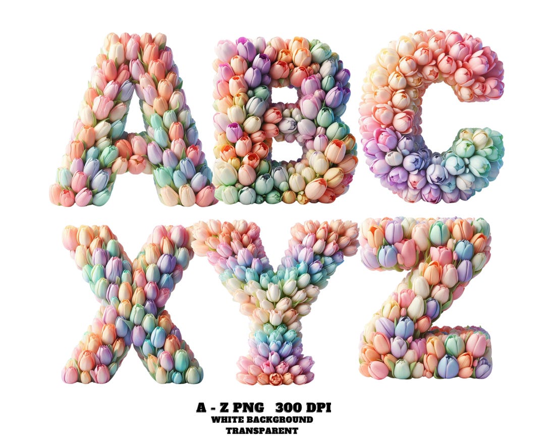 Floral Alphabet Clipart, Rainbow Tulip Alphabet Clipart, Watercolor ...