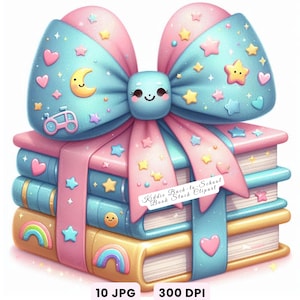 10 Book Clipart JPG, Kiddie Back-to-school Book Stack With Bow, Cute ...