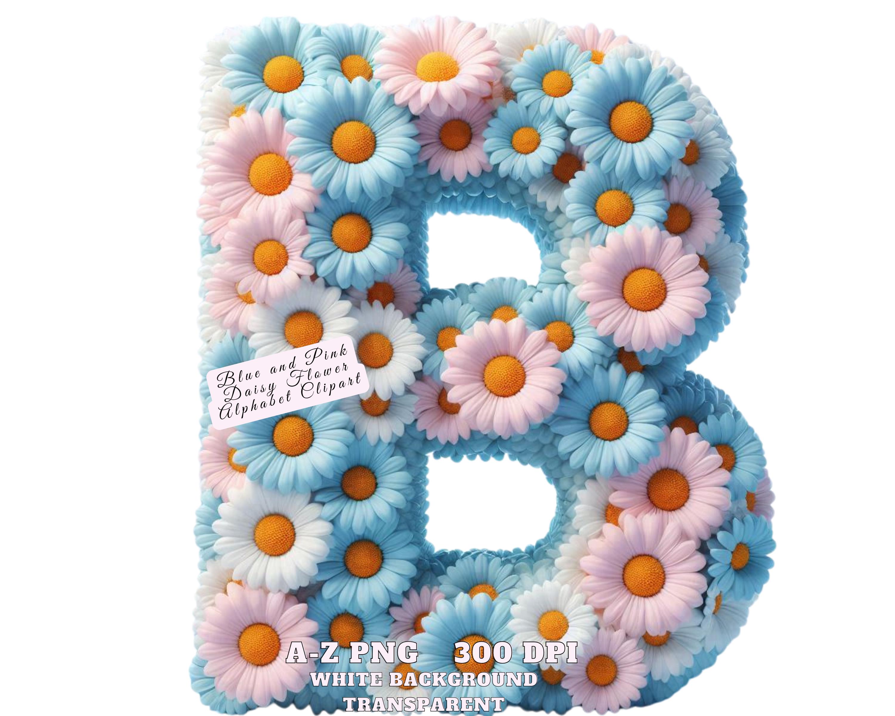 Flower Alphabet Clipart, Daisy Floral Alphabet PNG, Blue and Pink Daisy ...