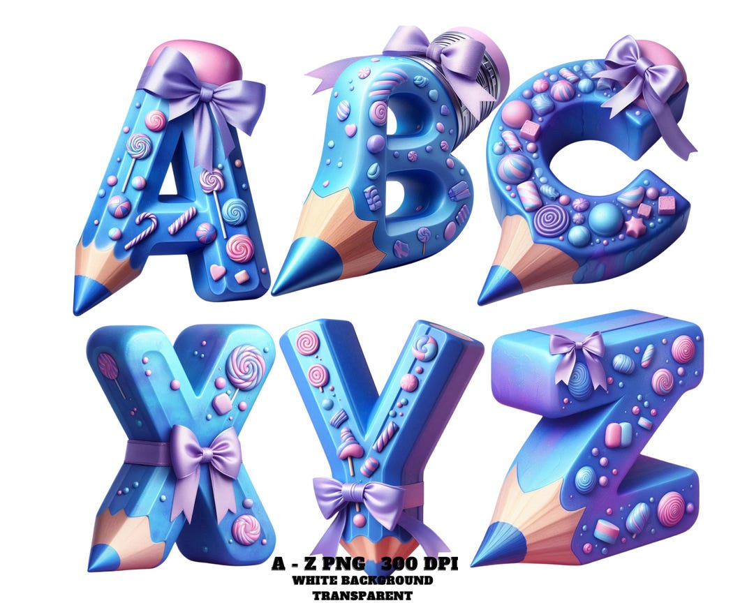 Pencil Alphabet Clipart, Blue Candy Pencil Letters PNG, Sweet Doodle ...