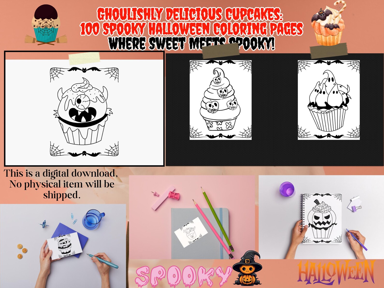 Spooky Halloween Cupcakes Coloring Pages, Creepy Cute Cupcake Coloring ...