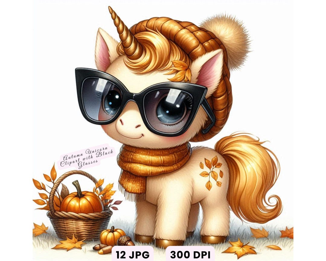 Autumn Unicorn Clipart, Baby Unicorn With Sunglasses Clipart, Fall Cute ...