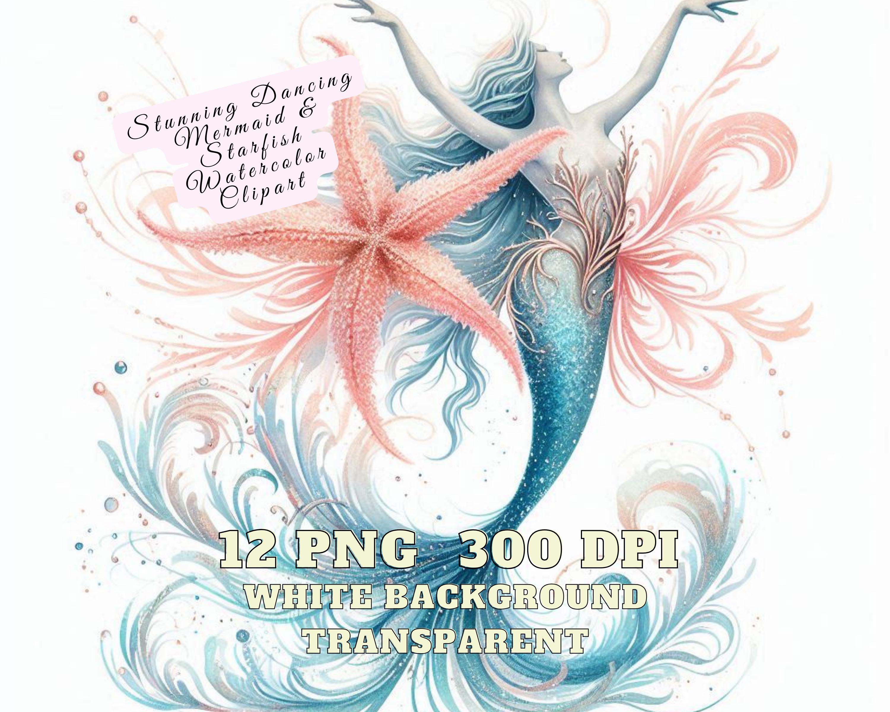 12 Mermaid Clipart, Stunning Dancing Mermaid & Starfish Watercolor ...