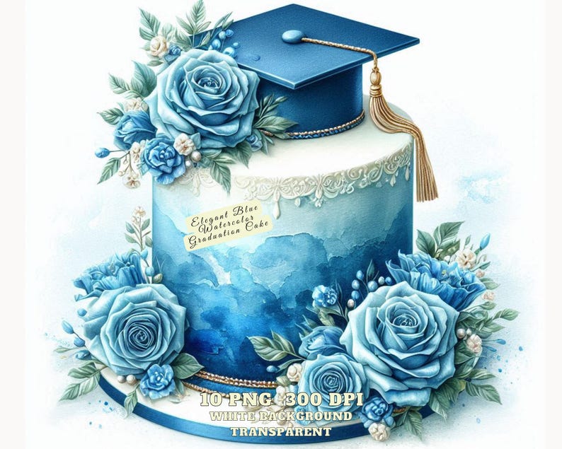 Watercolor Elegant Blue Graduation Cake Clipart PNG, Class of 2025, Cap ...