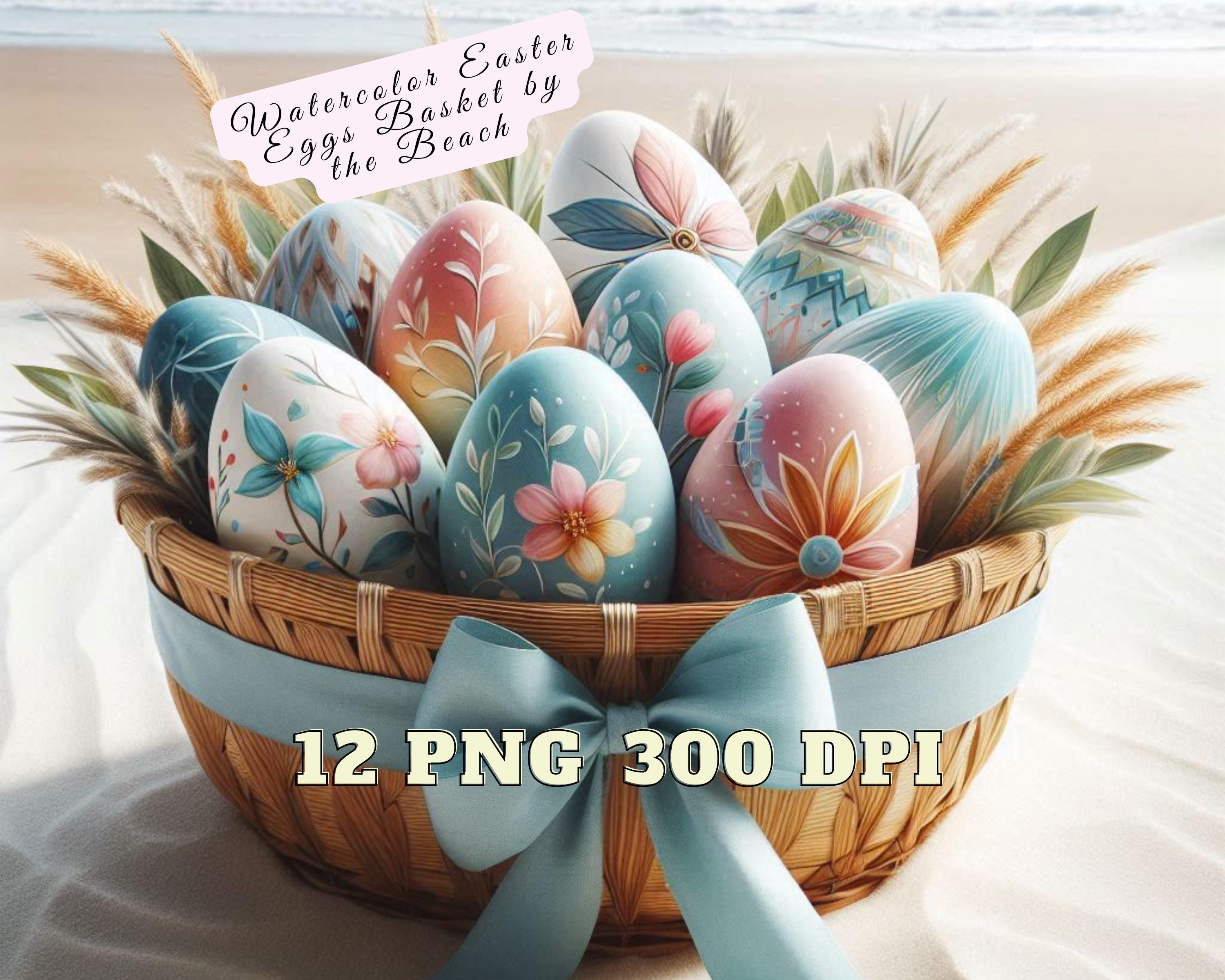 Watercolor Easter Eggs Basket by the Beach Clipart, 12 Nautical Easter ...