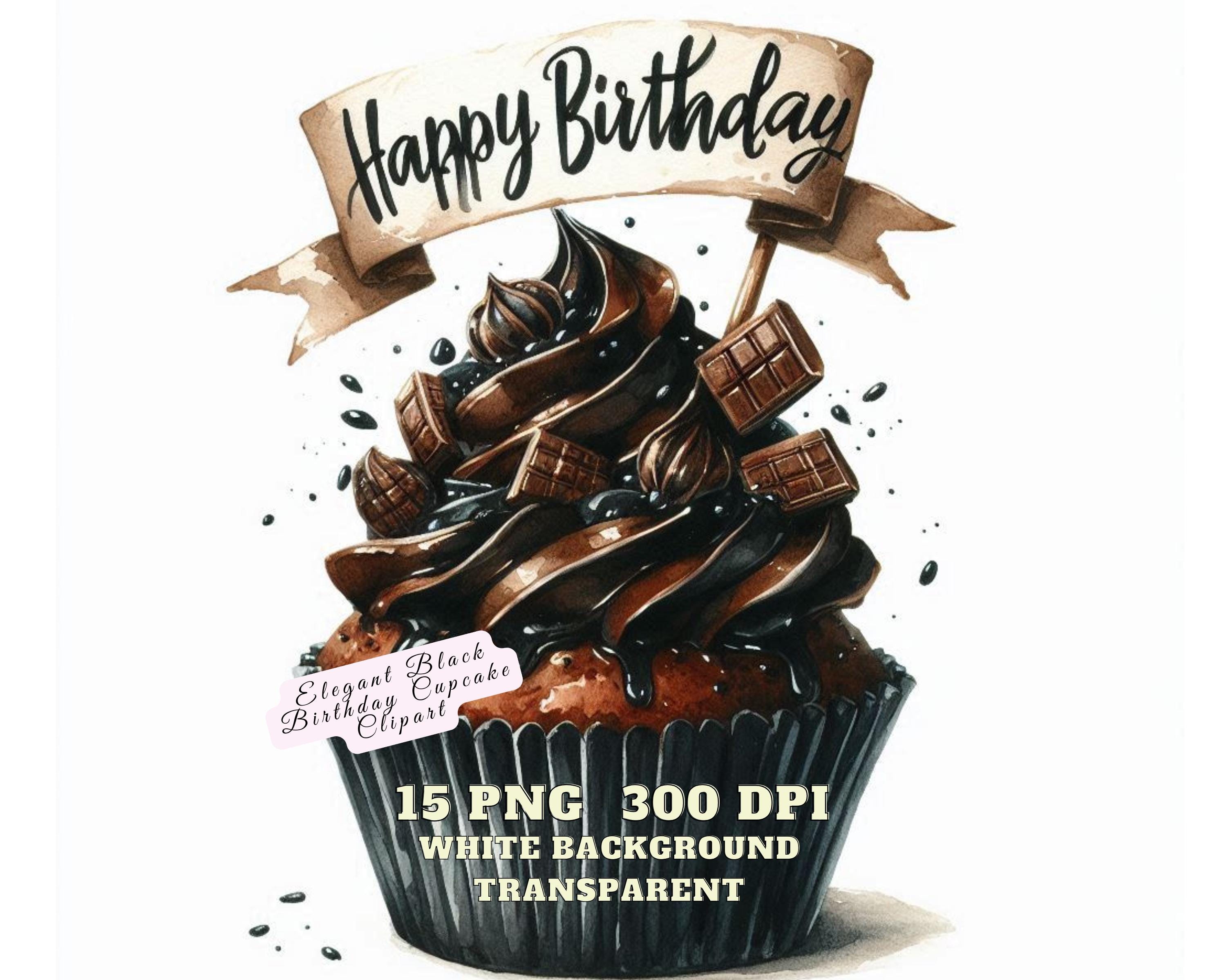 Elegant Black Birthday Cupcake Clipart, Watercolor Black Birthday ...