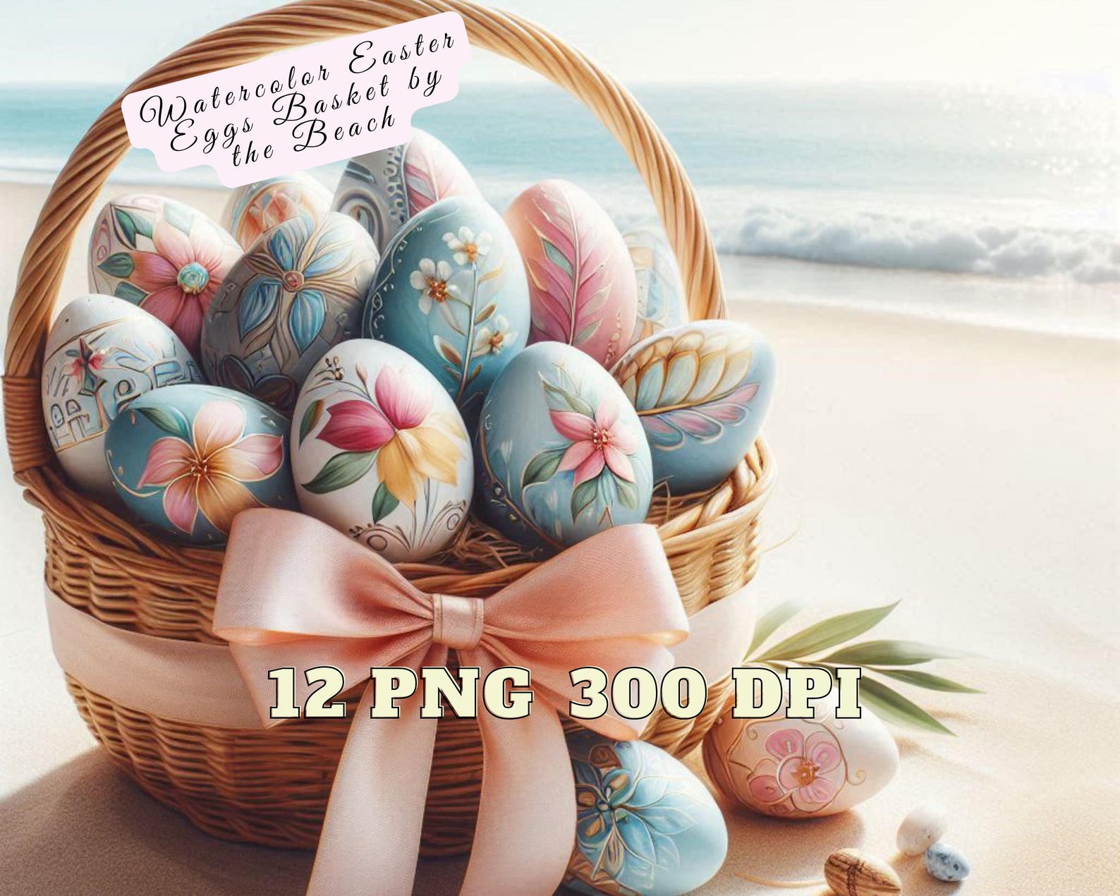 Watercolor Easter Eggs Basket by the Beach Clipart, 12 Nautical Easter ...