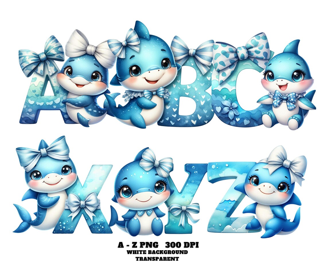Cute Baby Animals A-Z PNG, Baby Animal Alphabet PNG, Blue Baby Shark ...