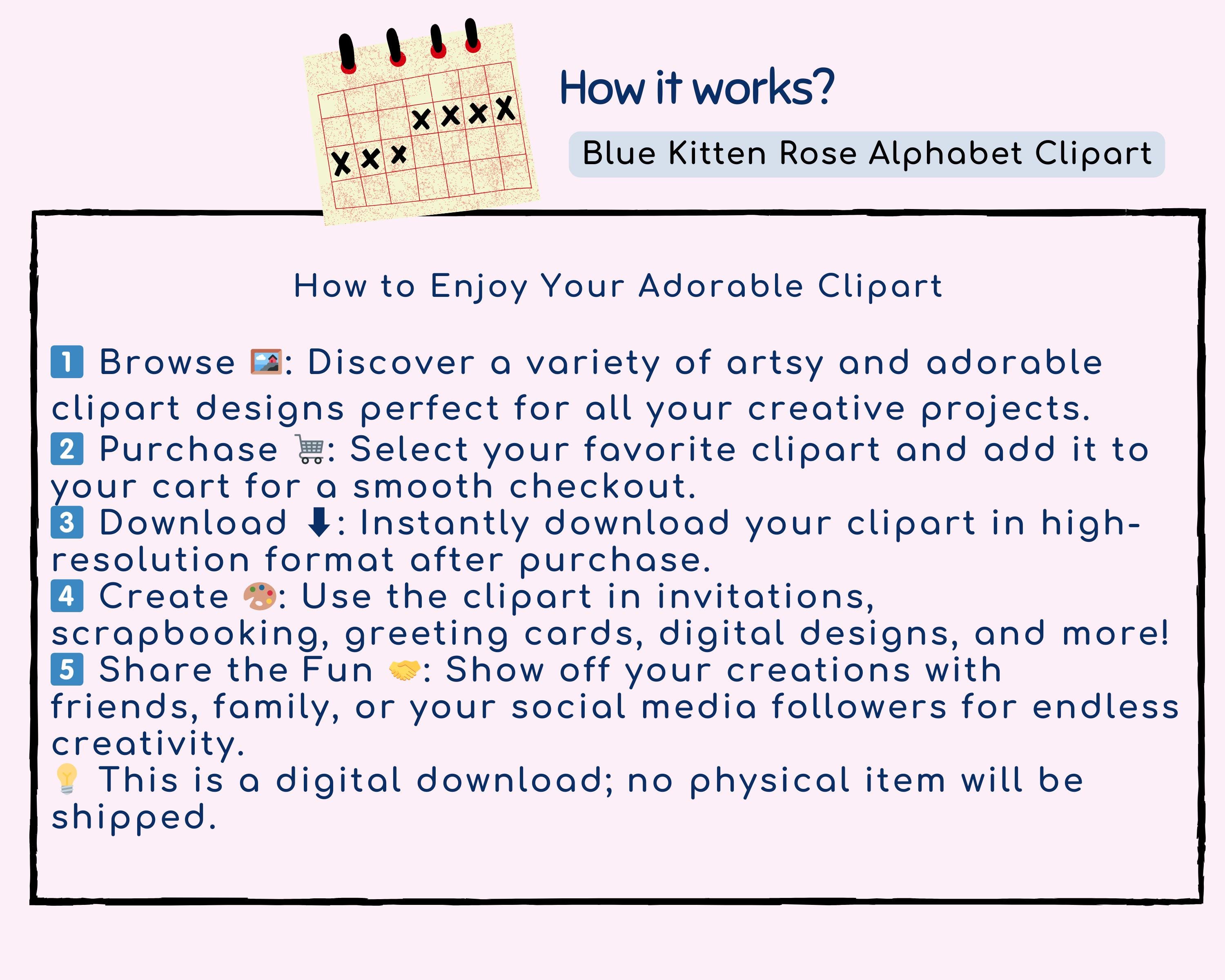 Kitten Alphabet Clipart, Blue Kitten Rose Alphabet Clipart, Cat & Rose ...