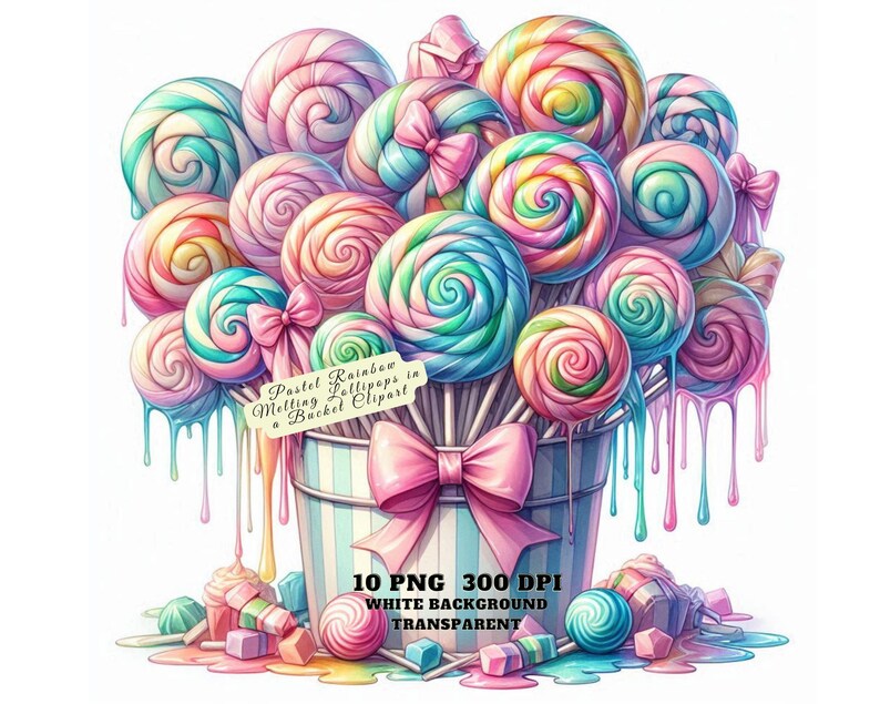 Lollipop Clipart, Pastel Rainbow Melting Lollipops in Bucket With Bow ...