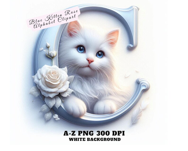 Kitten Alphabet Clipart, Blue Kitten Rose Alphabet Clipart, Cat & Rose ...