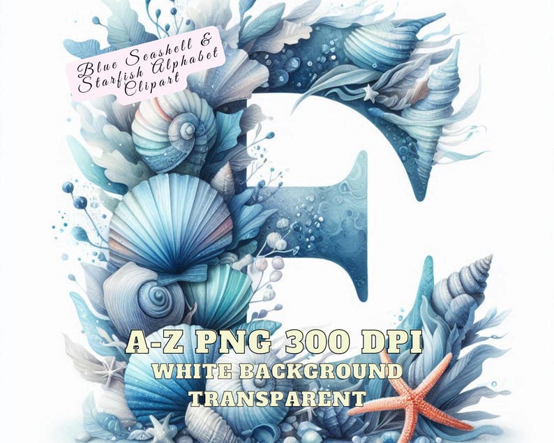 Seashell Alphabet Clipart, Blue Seashells & Starfish Alphabet Clipart ...