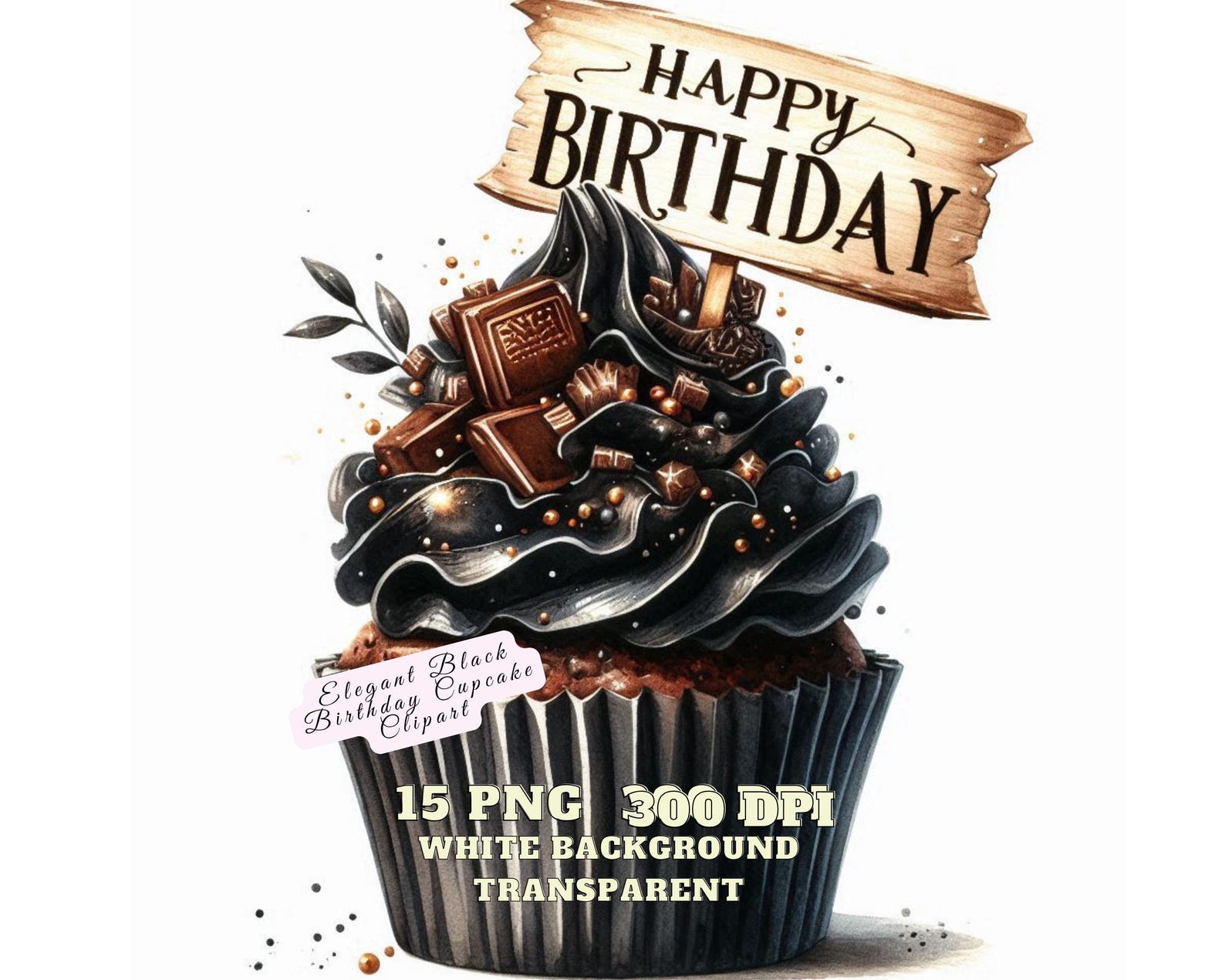 Elegant Black Birthday Cupcake Clipart, Watercolor Black Birthday ...