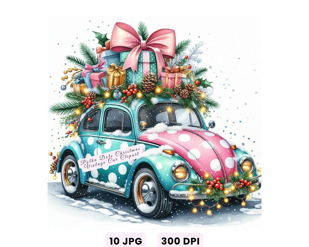 Christmas Vintage Car Clipart, Cozy Christmas Car Art, Polka Dots Retro ...