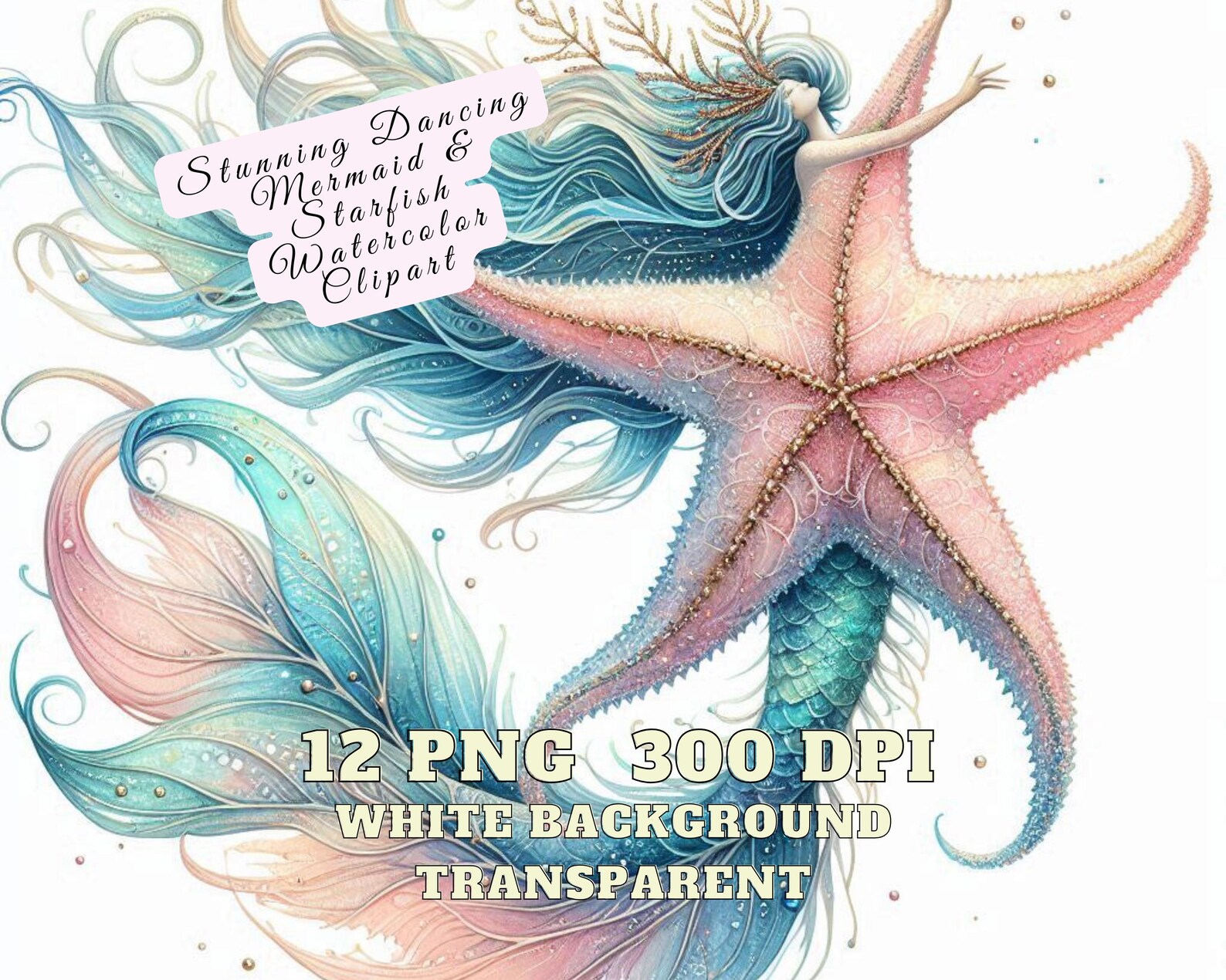 12 Mermaid Clipart, Stunning Dancing Mermaid & Starfish Watercolor ...