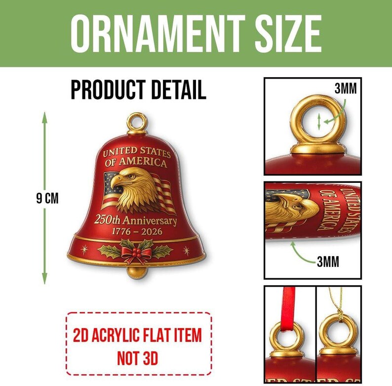250th Anniversary Patriotic Bell Christmas Ornament, USA Eagle Hanging ...