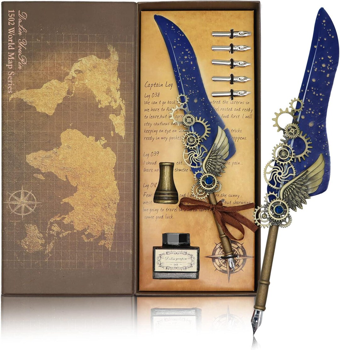 Steampunk Feather Quill Pen, Dark Blue Plume Nib Writing Instrument ...