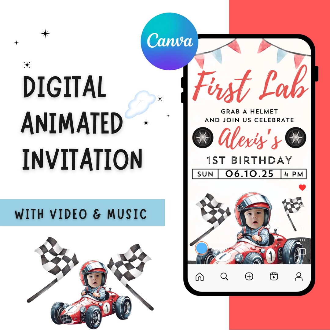 Editable First Lap Race Car 1st Birthday Animated Invitation | Fast One ...