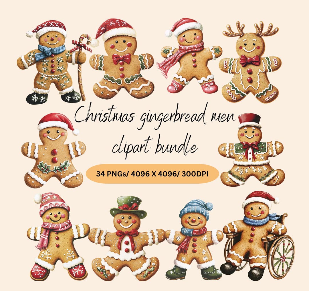 Cute Christmas Gingerbread Men Clipart Bundle High Resolution Pngs ...