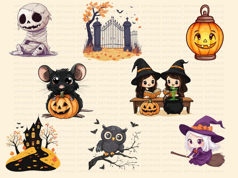 Halloween Kawaii Clipart Bundle, Set of 40, Spooky Clip Art, Halloween ...