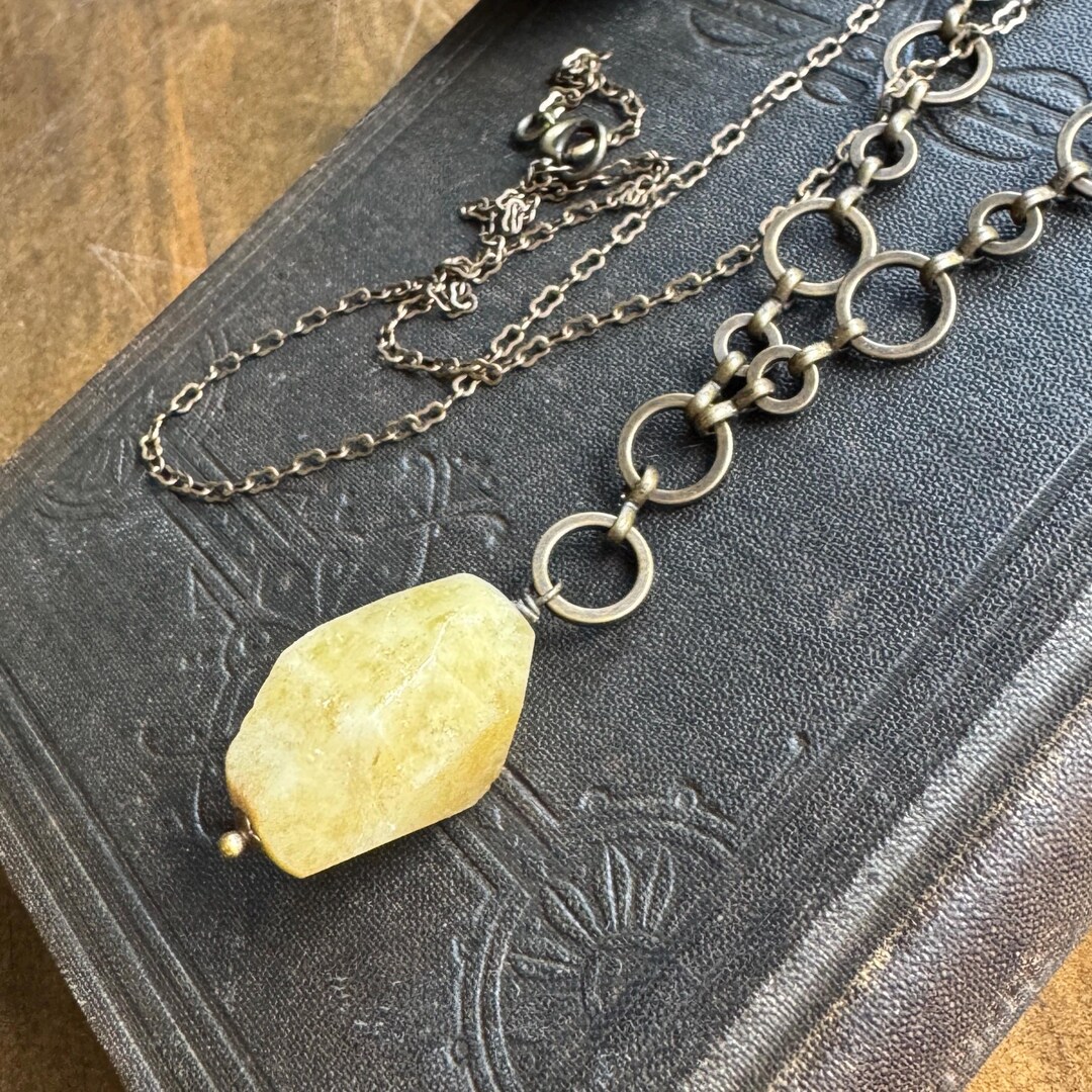 Yellow Morganite Nugget Pendant Necklace, Yellow Stone on Antique Brass ...