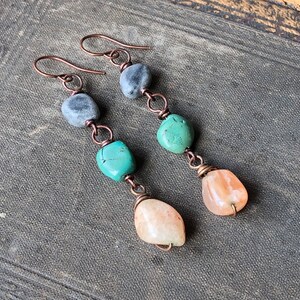 Triple Stone Drop Earrings, Turquoise Earrings With Red Agate on ...