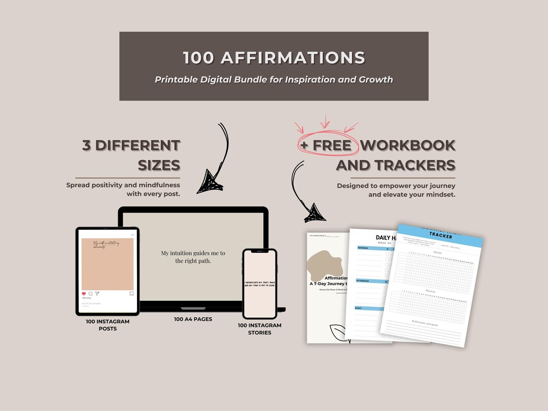 100 Printable Affirmations Bundle With Custom Sizes | Free Workbook ...