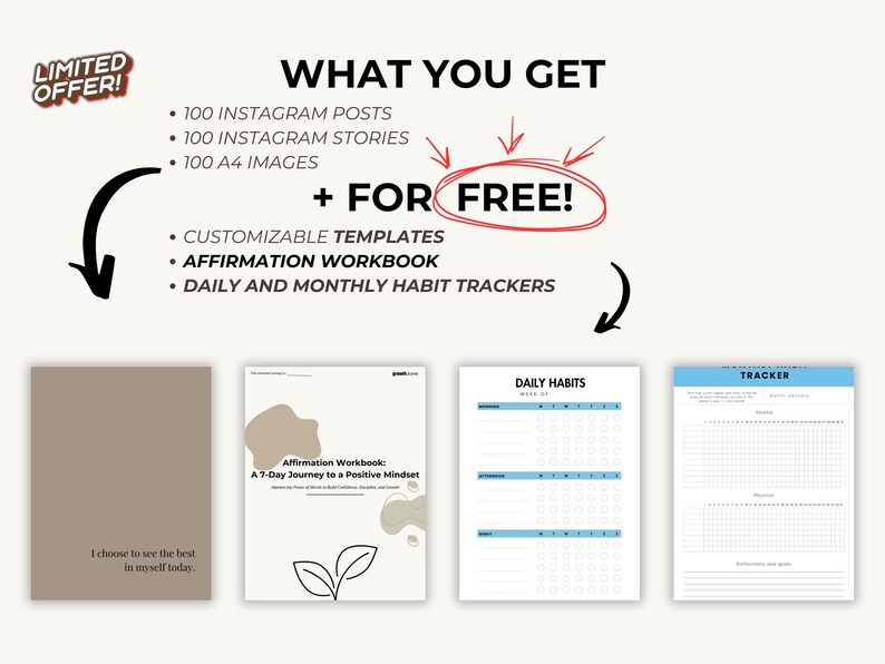 100 Printable Affirmations Bundle With Custom Sizes | Free Workbook ...