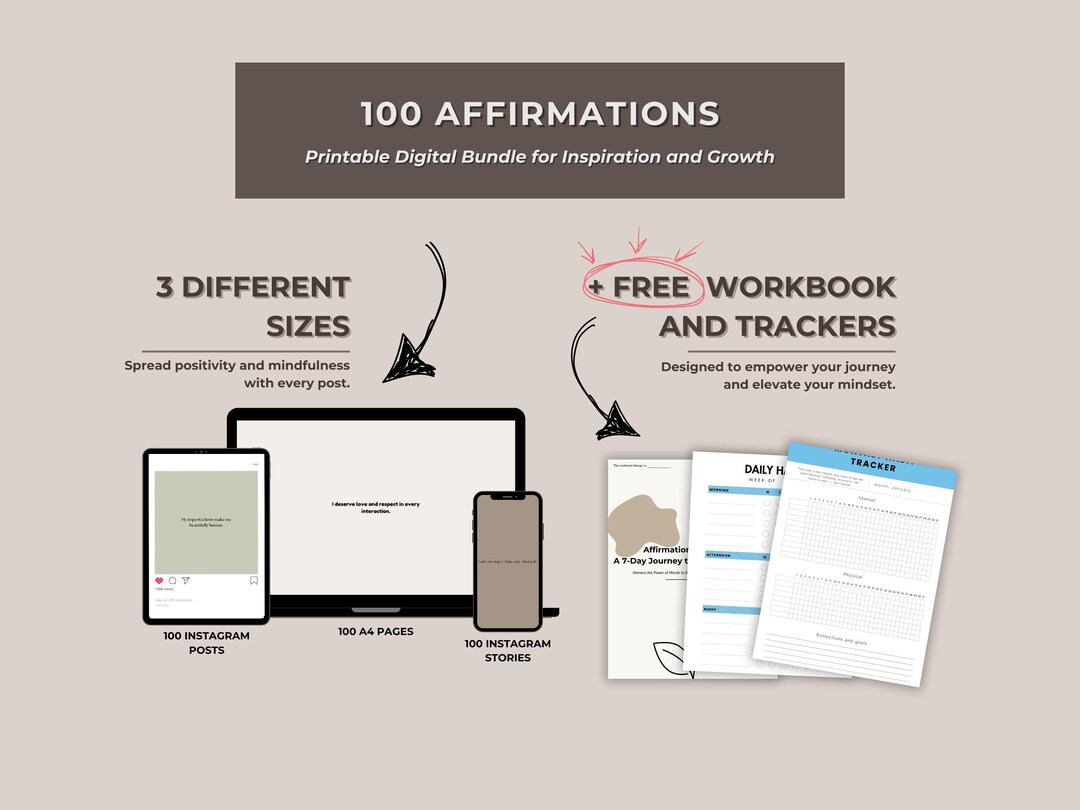100 Printable Affirmations Bundle With Custom Sizes | Free Workbook ...