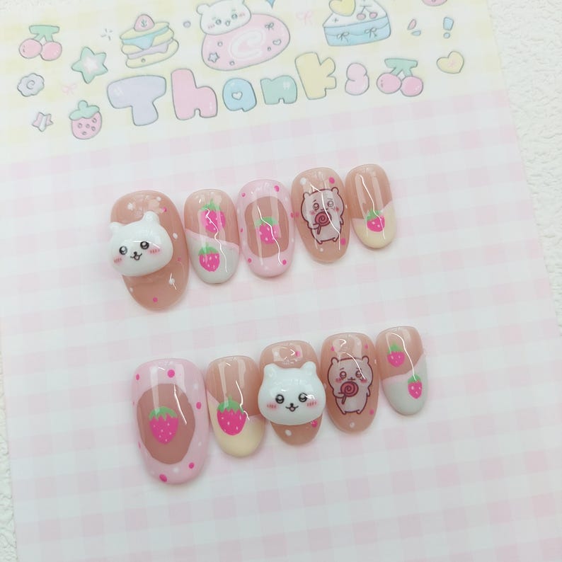 Chiikawa Press on Nails |strawberry | Cute Nails | Japanese Nails | 3D ...