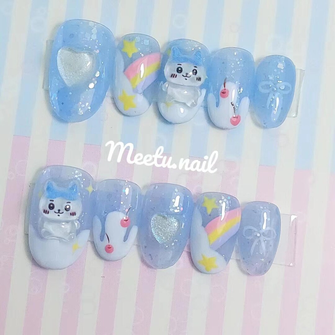 Rainbow Chiikawa Press on Nails | Cute Nails | Japanese Nails | Short ...