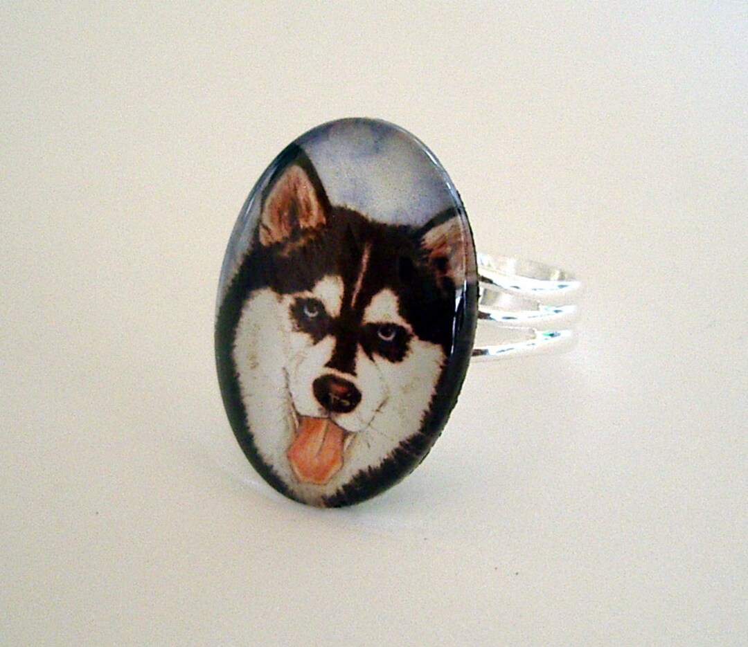 Dog Jewelry Husky Dog School Mascot Art Oval Glass Ring Silver Plated ...