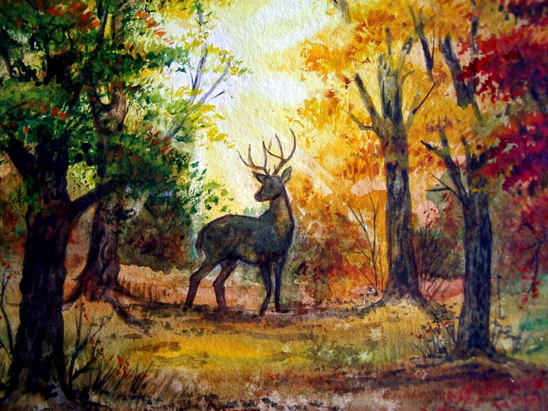 Fall Forest and Sunlit Stag Buck Deer Painting Autumn Original ...