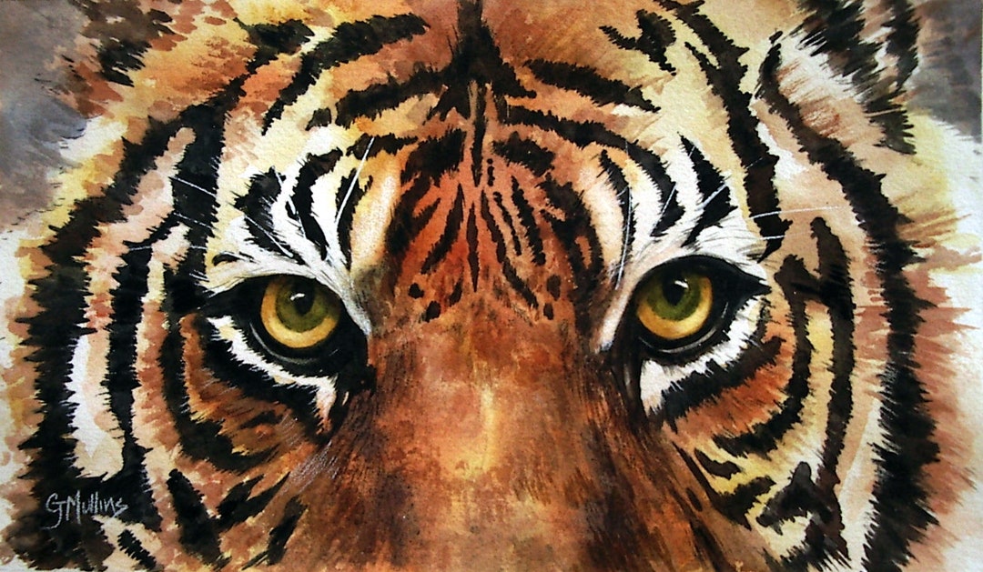 Tiger Cat Eyes Art Original Golden Eyes Watercolor Colored Pencil Art ...