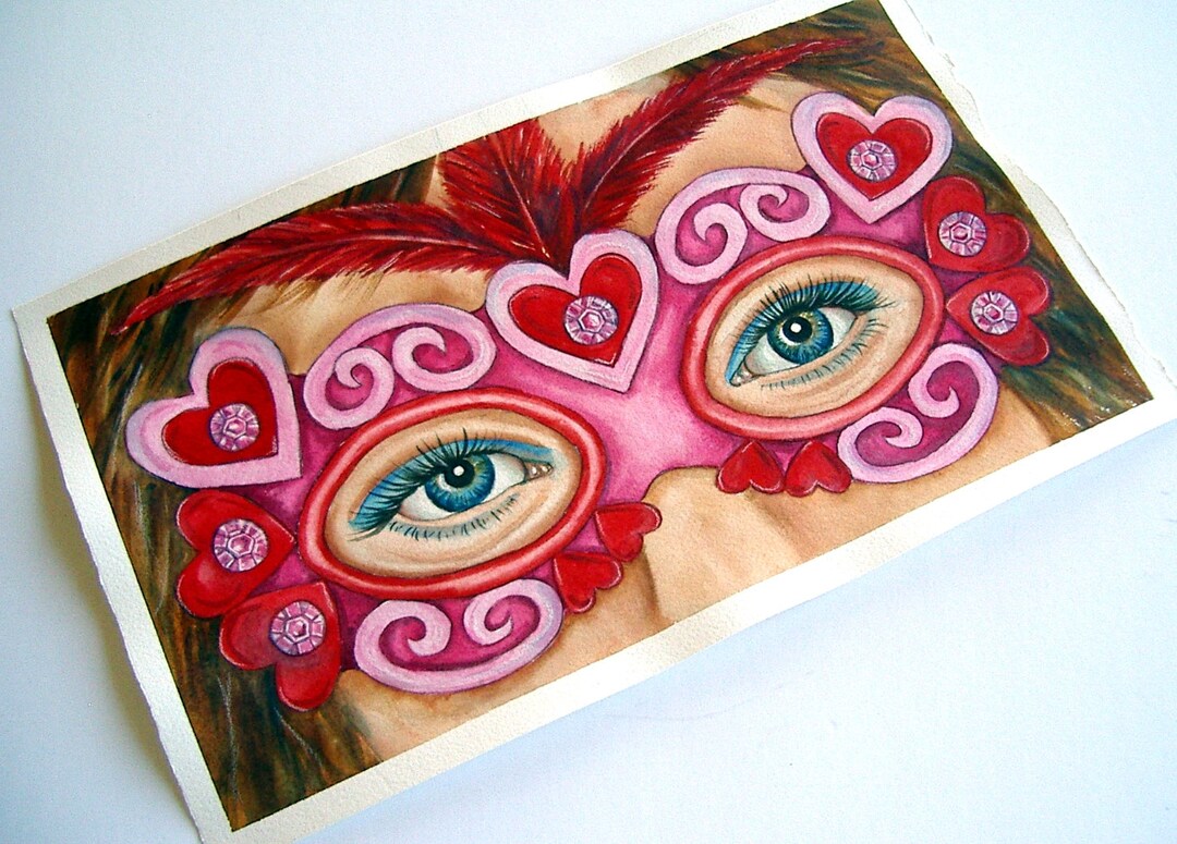 Heart Valentine Mask Mardi Gras Mask Art Watercolor Painting Pink Red ...