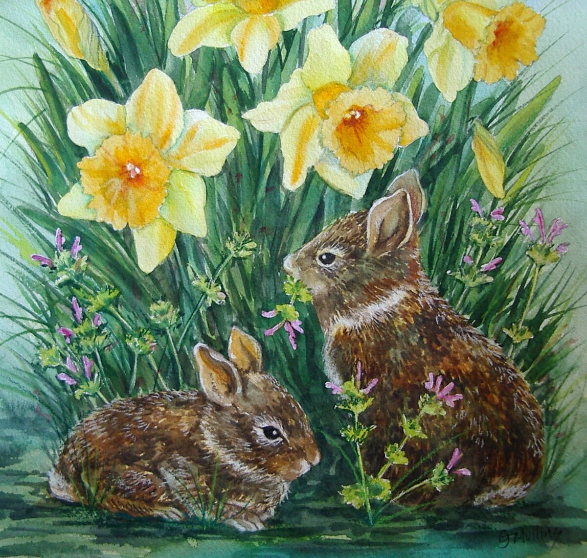 Art & Collectibles Painting Spring Daffodils and Bunnies Painting ...