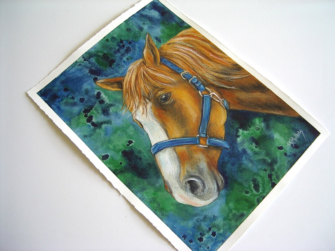 Chestnut Horse Art With White Blaze Painting Original Watercolor Oil ...