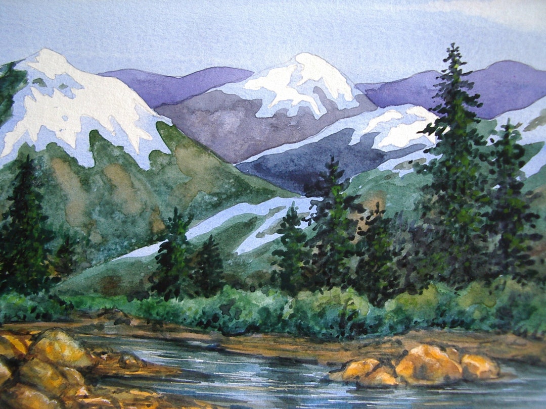 Twilight Mountains and Stream Watercolor Painting Original Art Gift for Mountain Scene Lover by ...
