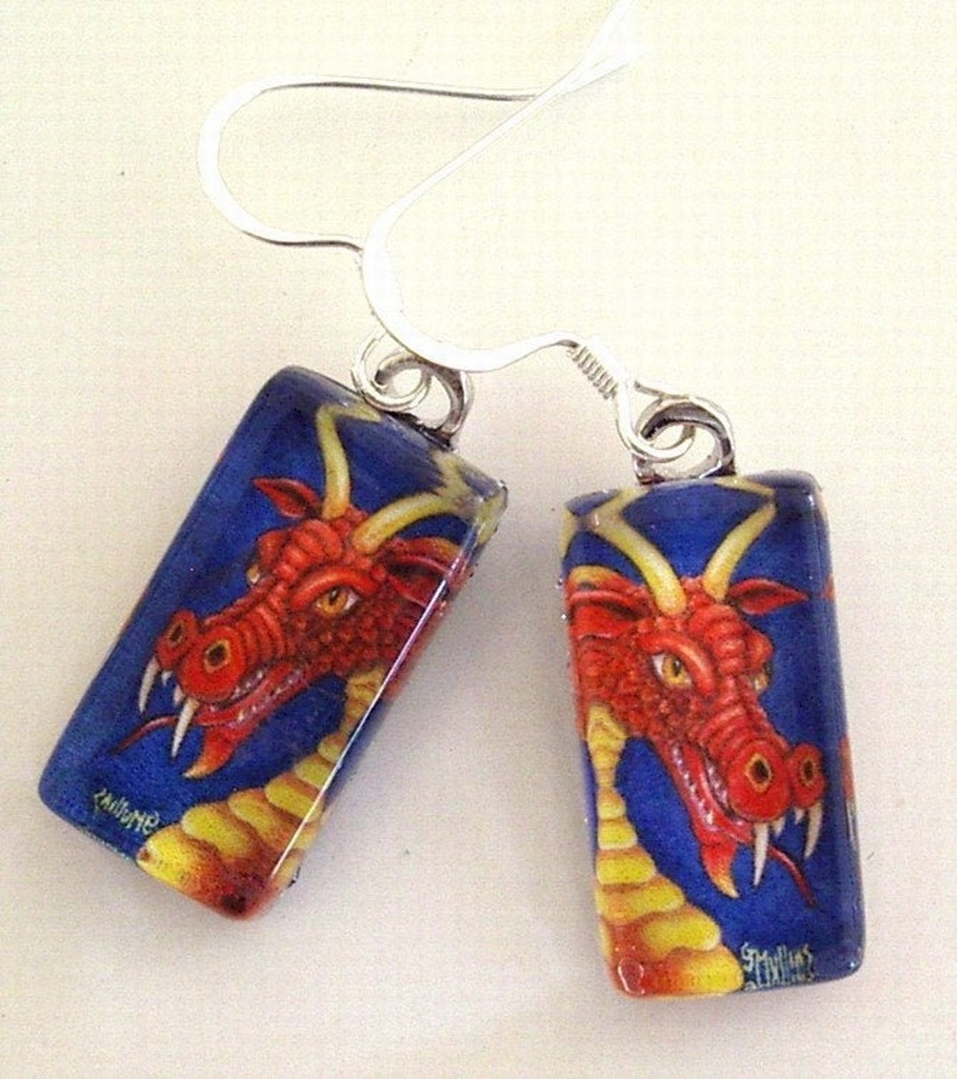 Red Gold Dragons Rectangular Exclusive Art Glass Earrings Jewelry ...