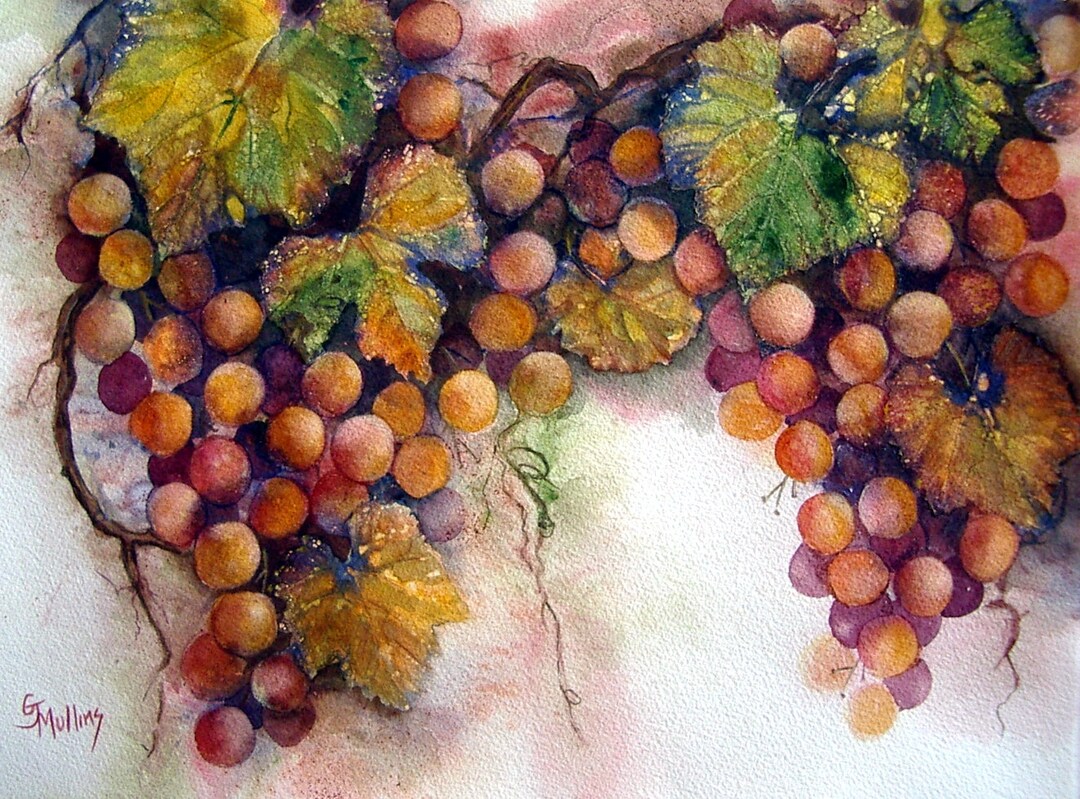 Red Gold Grape Cluster Painting, Original Watercolor Winery Art - Etsy