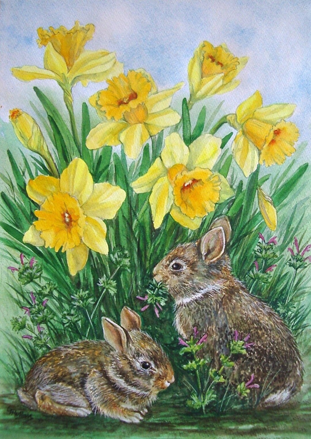 Spring Daffodils and Bunnies Painting Rabbits & Flowers Original ...