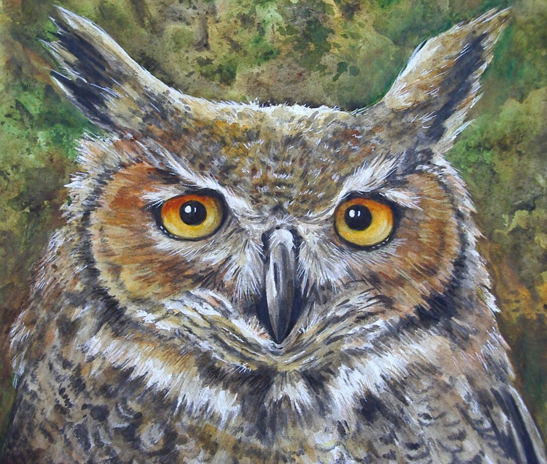 Great Horned Owl Painting Exclusive Original Watercolor and Mixed Media ...