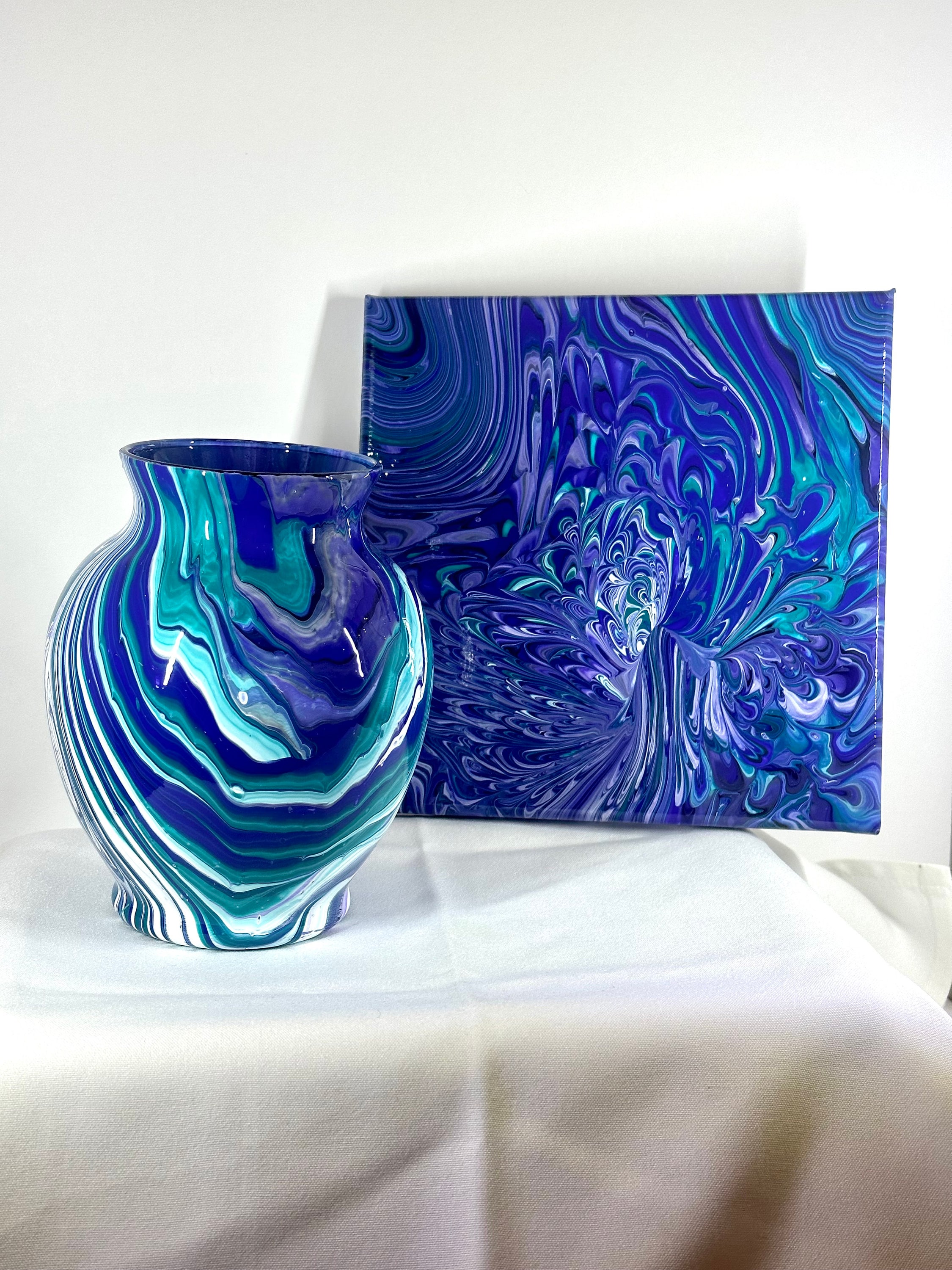 Fluid Art Painted Vase With Free Matching Canvas in Blues and Turquoise ...