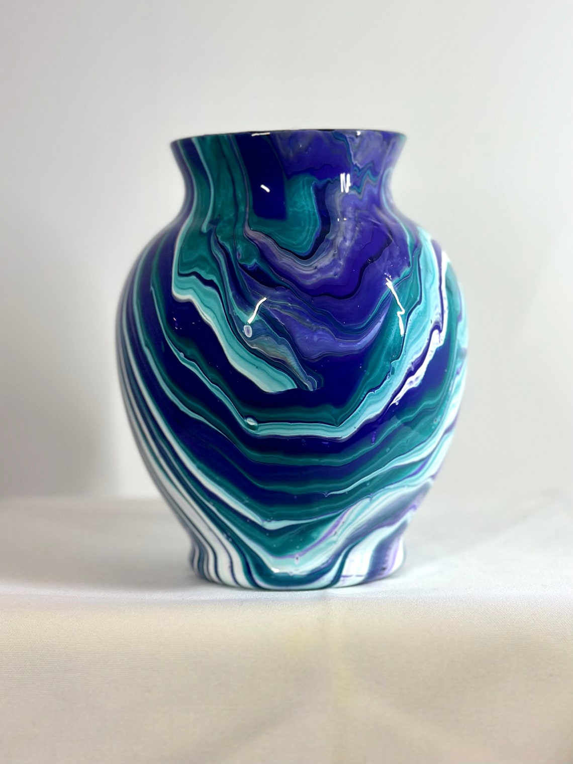 Fluid Art Painted Vase With Free Matching Canvas in Blues and Turquoise ...