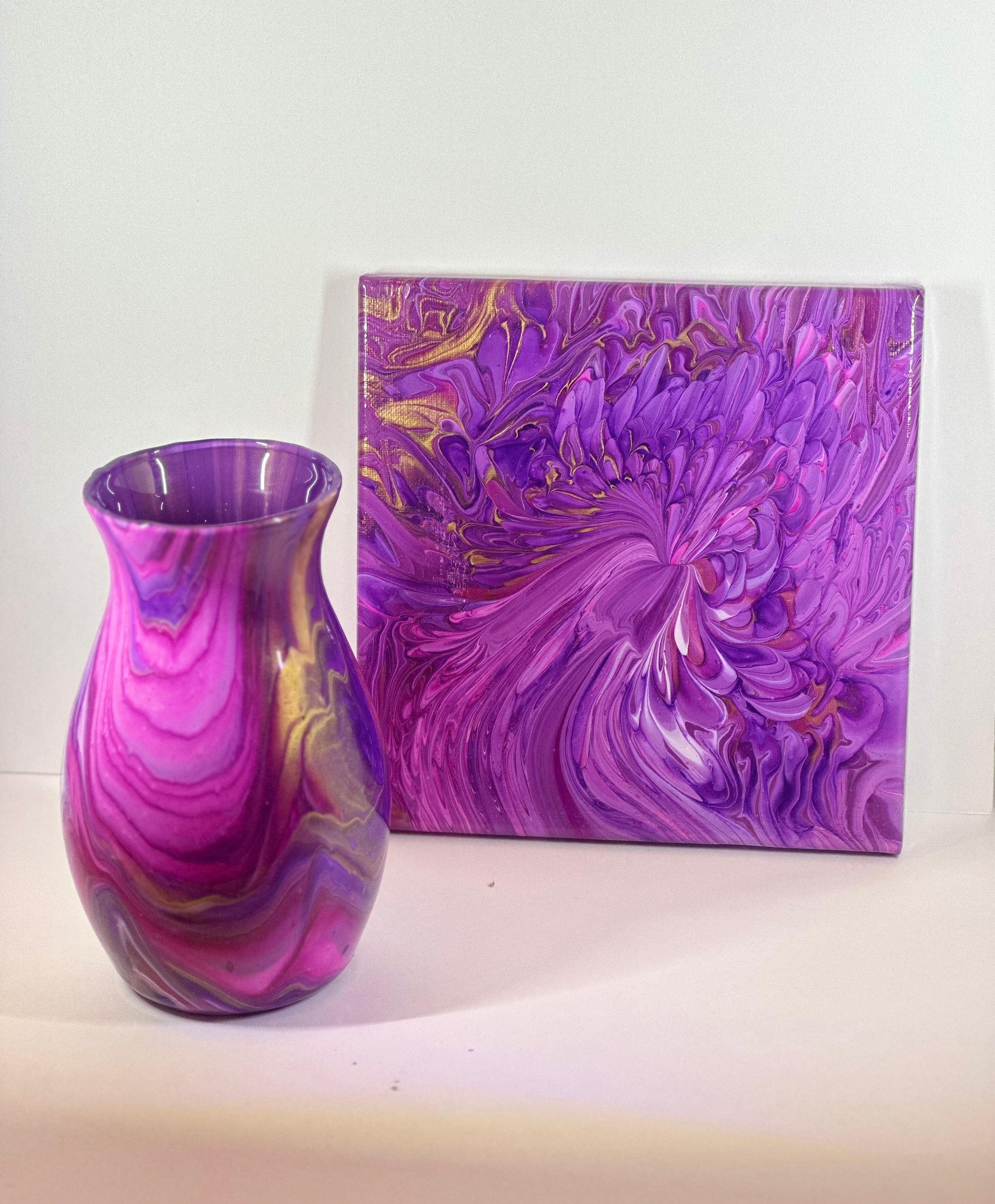 Fluid Art Painted Vase With Free Matching Canvas in Purples and Pinks 7 ...