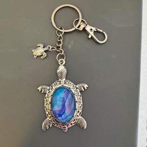 Handmade Sea Turtle Key Chain Accessory, Hand Painted Fluid Art Cabochon, Backpack Charm, Beach ...